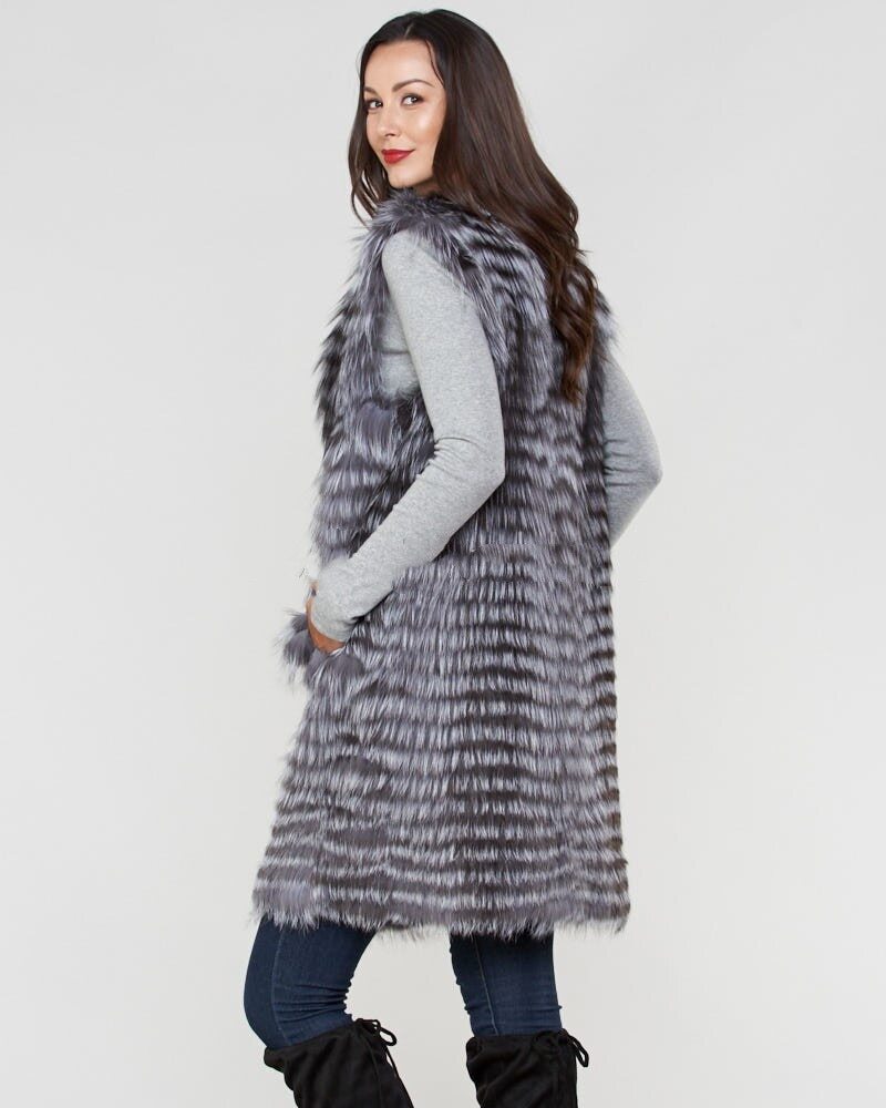 100% Real Silver Fox & Raccoon Fur Vest Woman Waistcoats Coat Strip ...