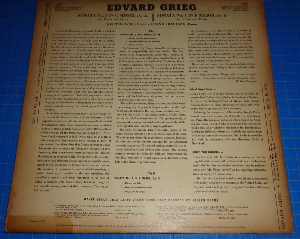 Joseph Fuchs/Frank Sheridan GRIEG Violin Sonatas No.1 & 3 - Decca Gold ...