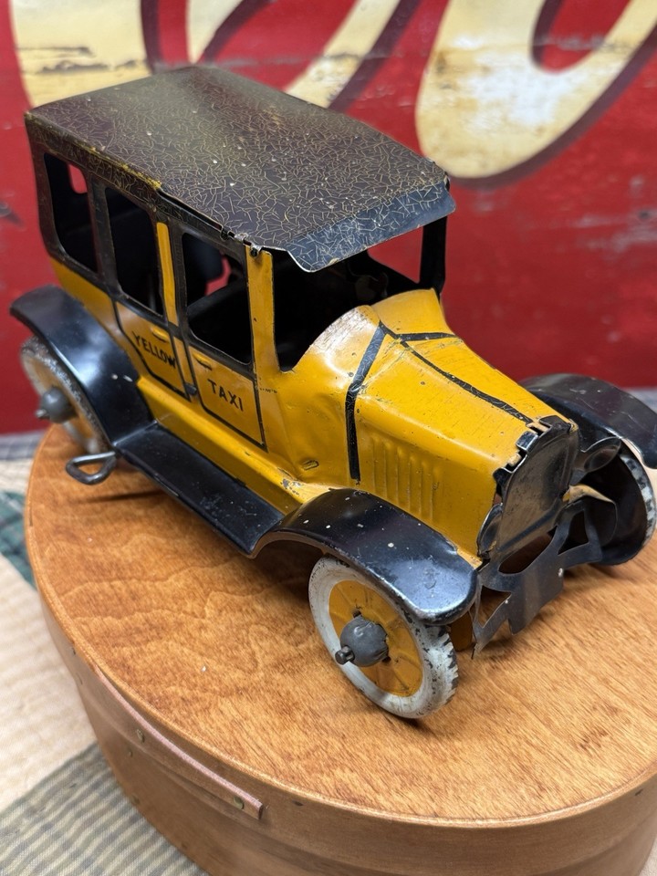 Vintage Yellow Taxi Bing German Limo Tin Clockwork Marx Toy Car W ...