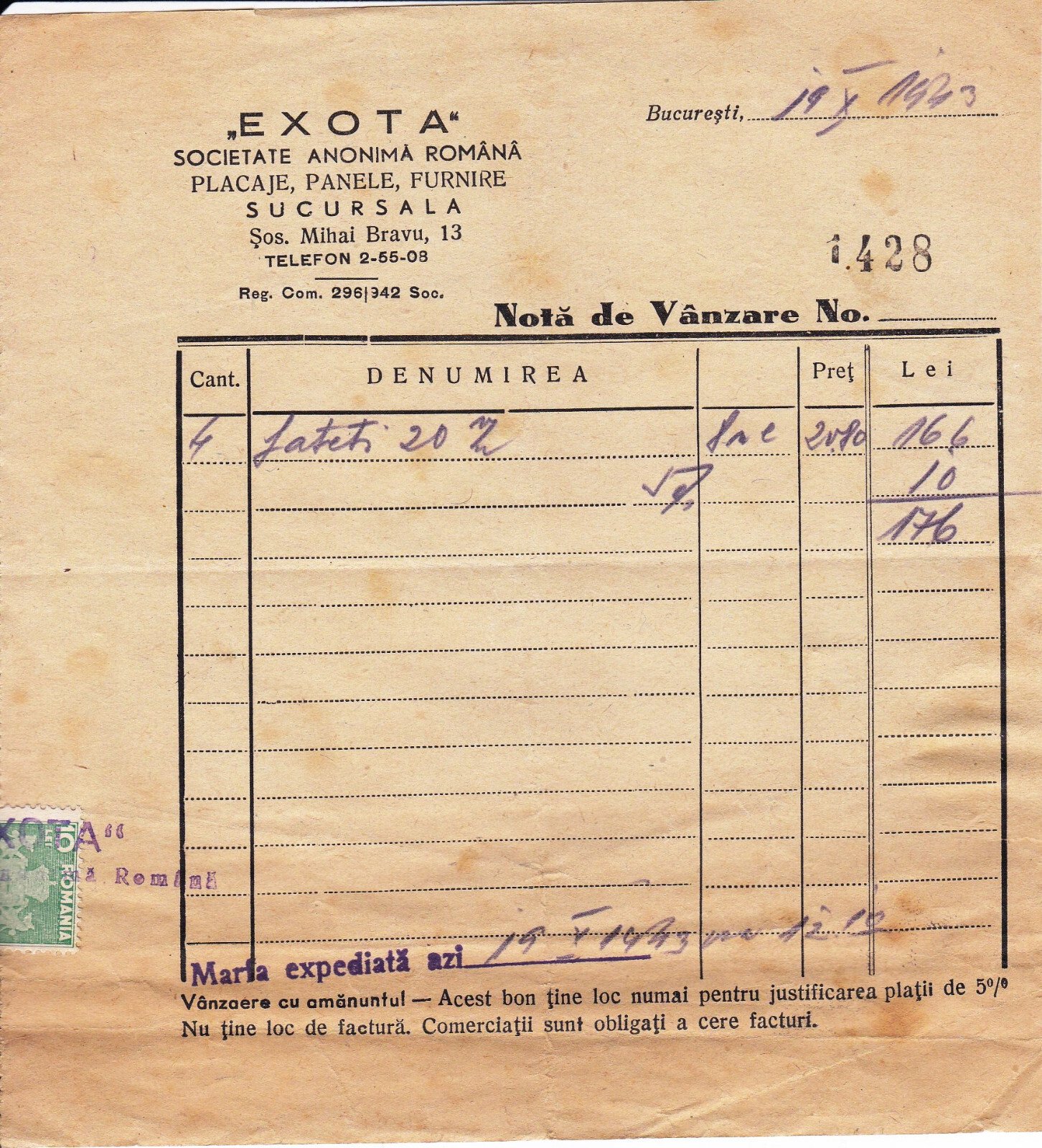 Romania, 1943, Vintage Bill / Receipt, "EXOTA" Company, Bucuresti ...