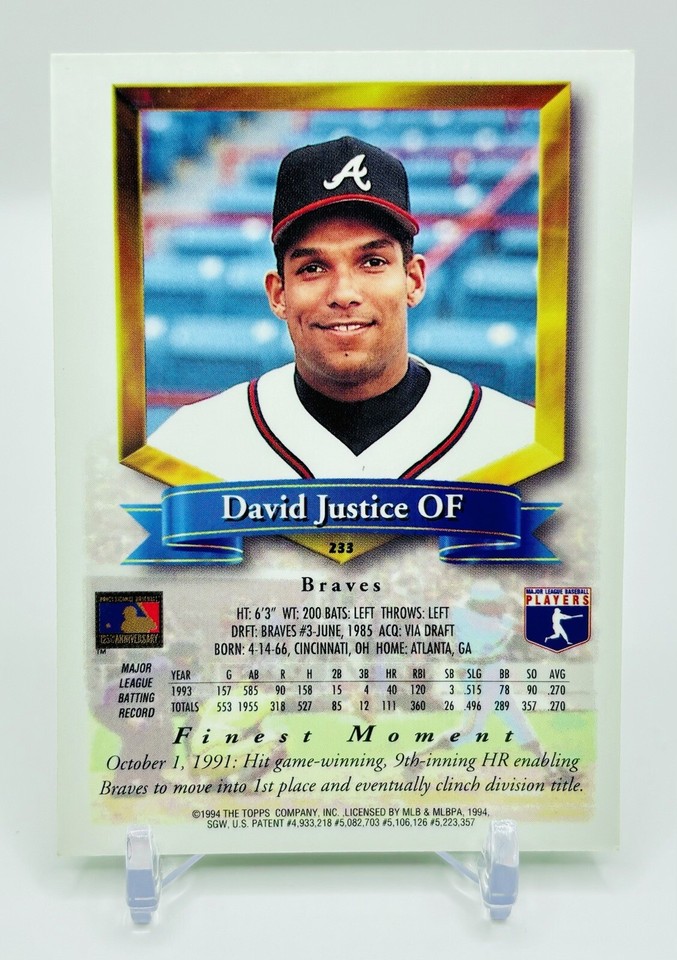 1994 Topps Finest David Dave Justice #233 Baseball Card Atlanta Braves ...