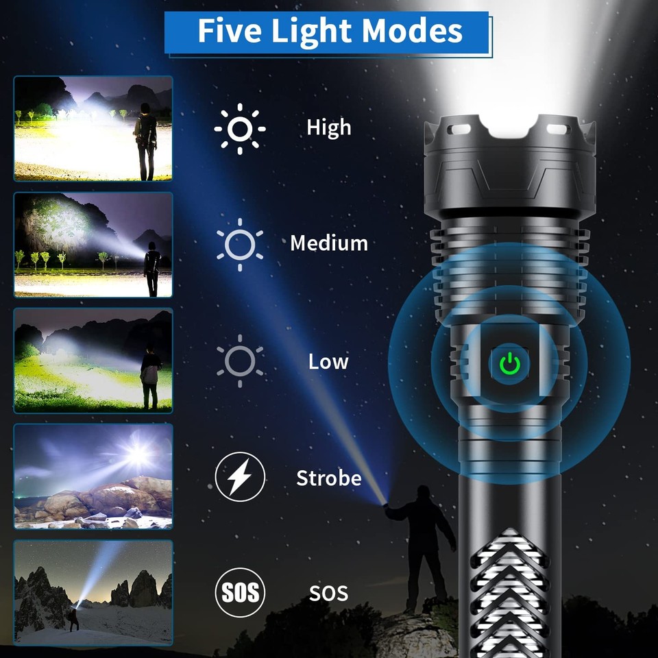 Super Bright LED Flashlight 6000 High Lumens Rechargeable Flashlights ...