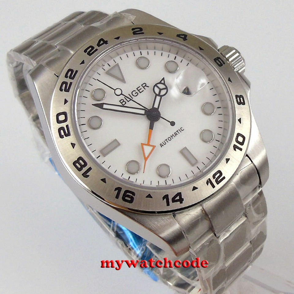 43mm bliger white dial sapphire glass GMT date automatic mens watch ...