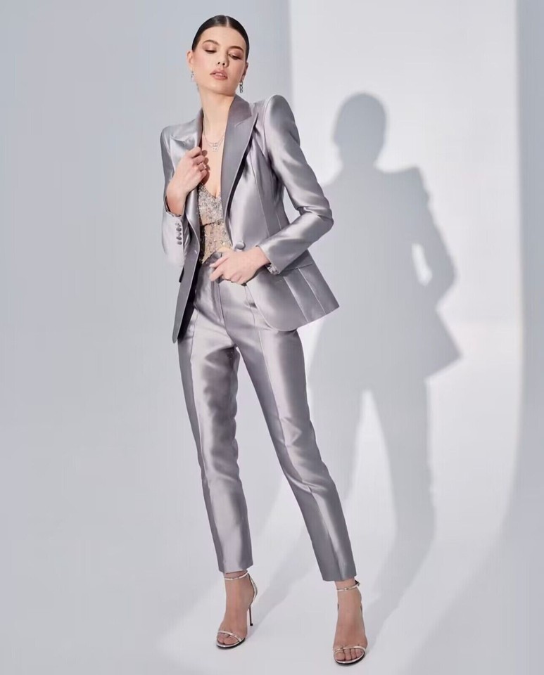 Silver Silk Satin Women Suits Prom Wedding Party Formal Wear Ladies ...