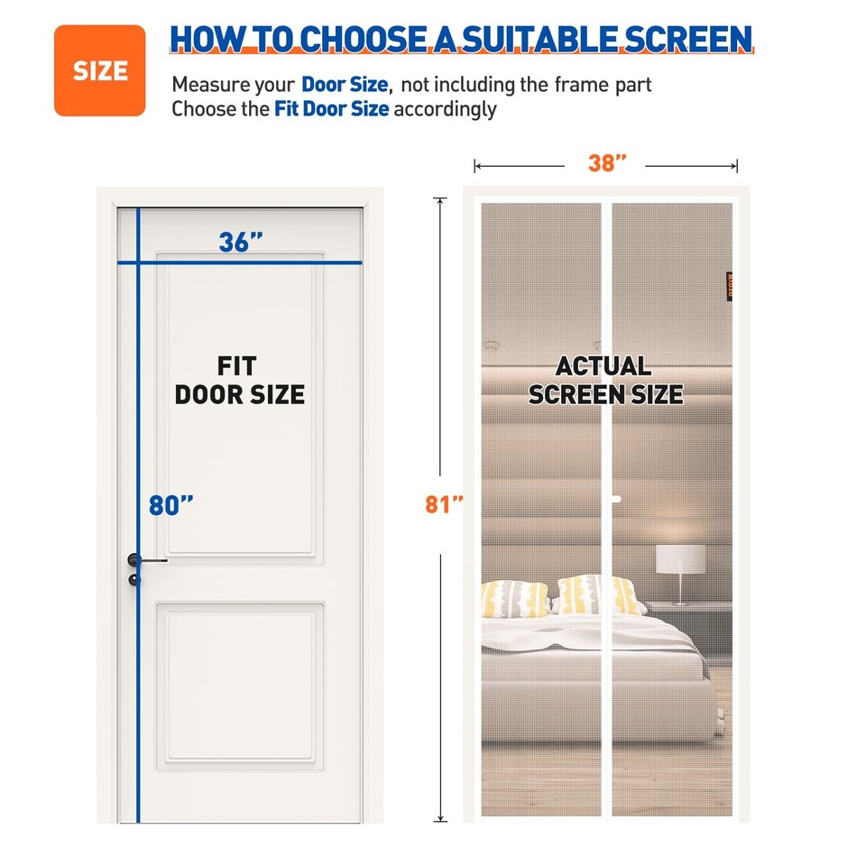 Magnetic Screen Door Fit Door Size 36 x 80 Inch, Screen Size 38" x 81 ...