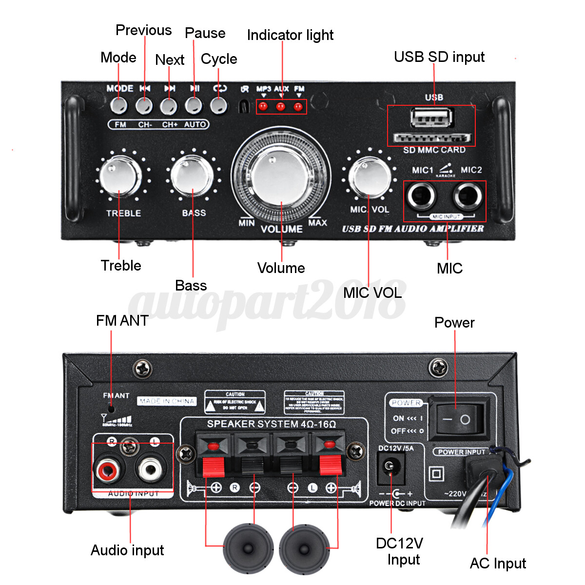 600W HiFi bluetooth Power Amplifier 2CH USB Home Stereo Audio USB FM ...