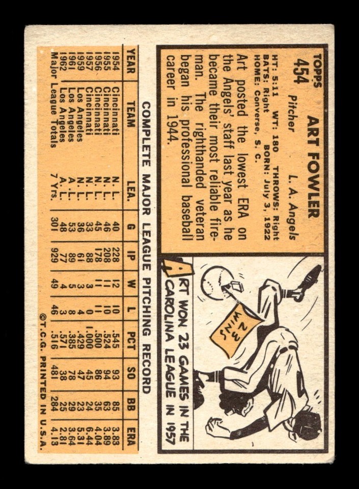 1963 Topps #454 Art Fowler Angels OB VG-EX *5q | eBay