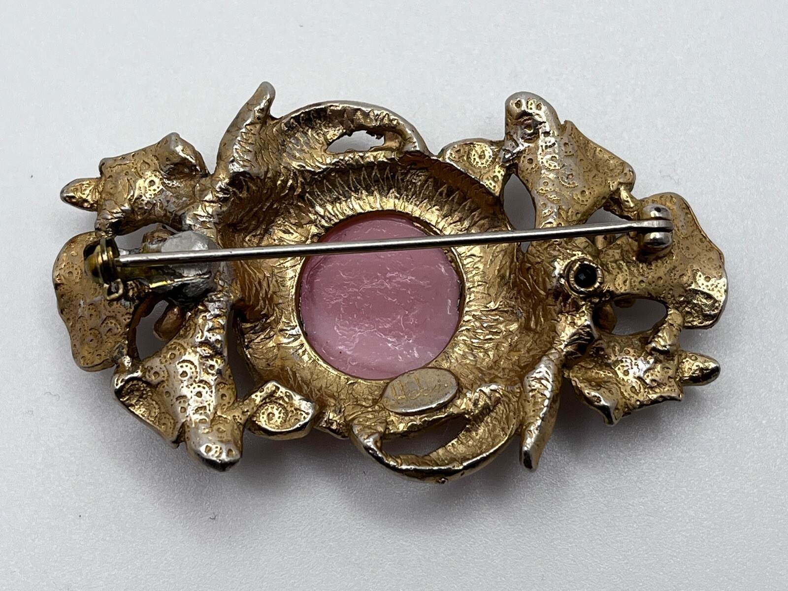 Antique HOBE Gold Tone Pink Lucite & Crystal Brooch: … - Gem