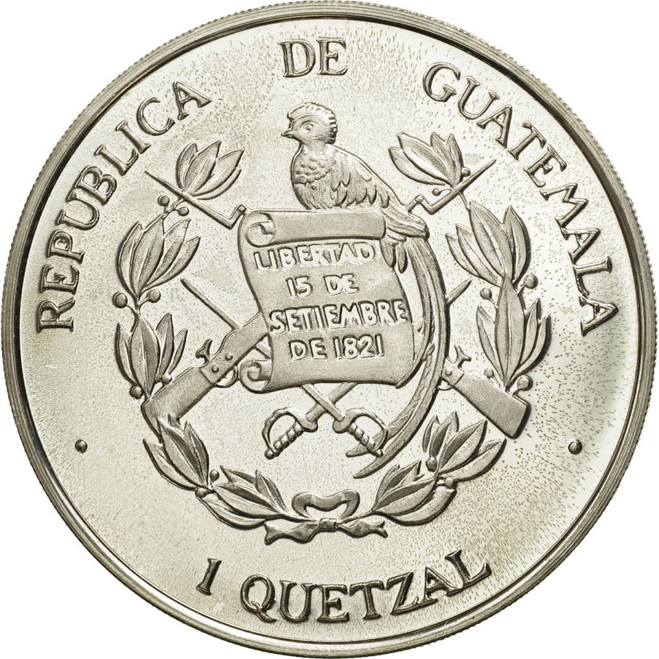 [#550021] Coin, Guatemala, Quetzal, 1995, Tower, MS(63), Silver, KM:1.1 ...