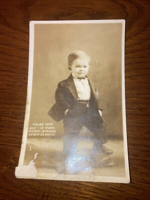 Vintage Real Photo B/W Postcard Major Mite Age 18 Weight 19lb Height 26 ...