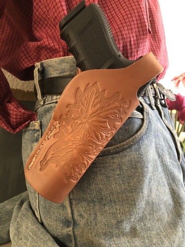 Brown Leather Thumb Break Holster w Leaf Pattern FITS MODELS Glock 17 / ...