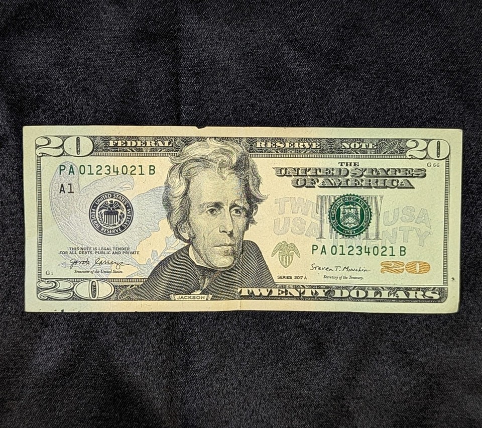 5 Digit Ladder Note PA 01234021 B 2017A $20 Dollar Bill Fancy Serial ...