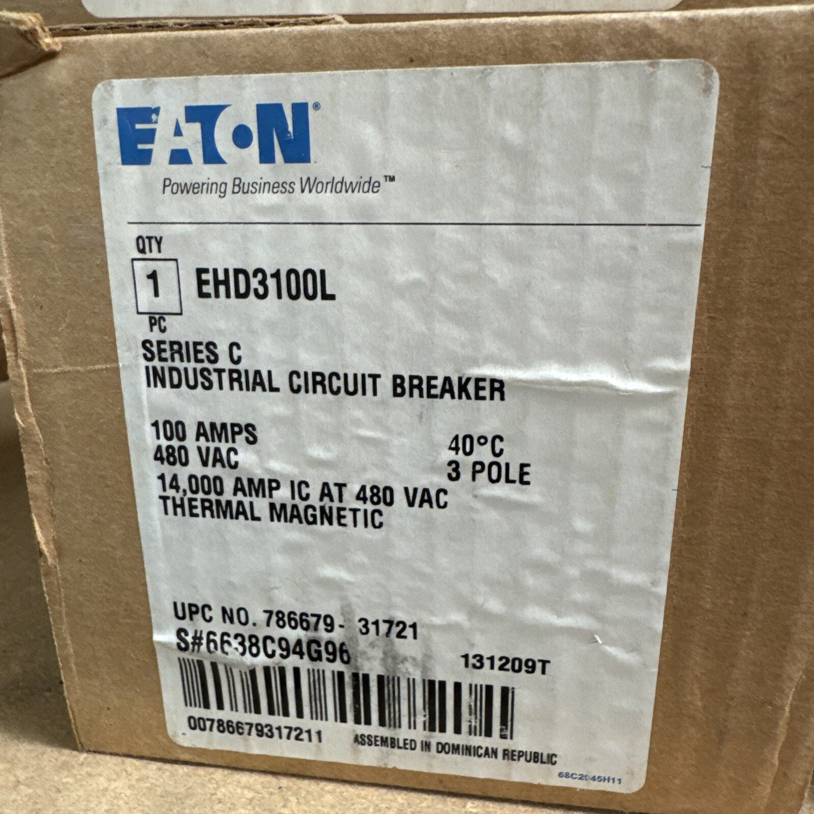NEW IN BOX EATON EHD3100L TYPE EHD 100 AMP 3 Pole 480V CIRCUIT BREAKER ...