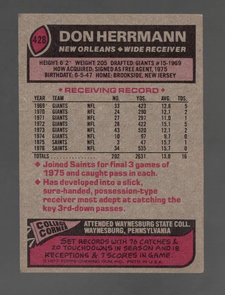 1977 Topps Don Herrmann New Orleans Saints #428 Excellent | eBay