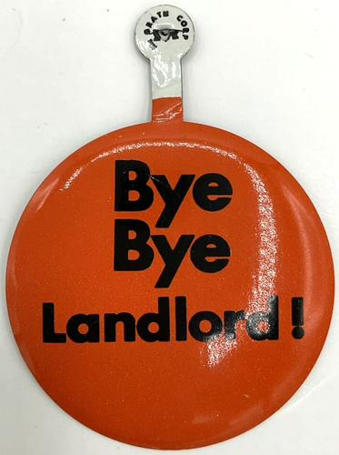 RARE Vintage Tin Tab Fold Over Pin Button Orange Bye Bye Landlord! Home ...