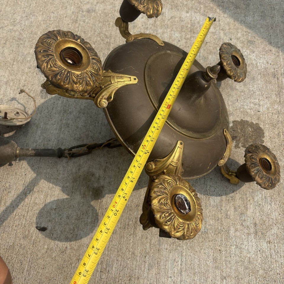 Antique Art Deco Brass Pan Ceiling Light Fixture 5 Arms Chandelier 20”w ...