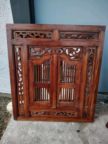 Vintage Asian Balinese Carved Teak Wood Wall Mirror Window Shutter ...