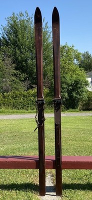 LOVELY ORIGINAL OLD Antique WOODEN SKIS 85" Long Snow COUNTRY DECOR W@W ...