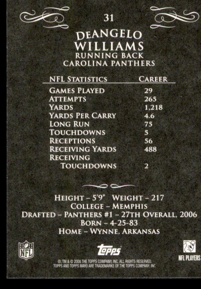 2008 Topps Mayo #31 DeAngelo Williams Carolina Panthers | eBay