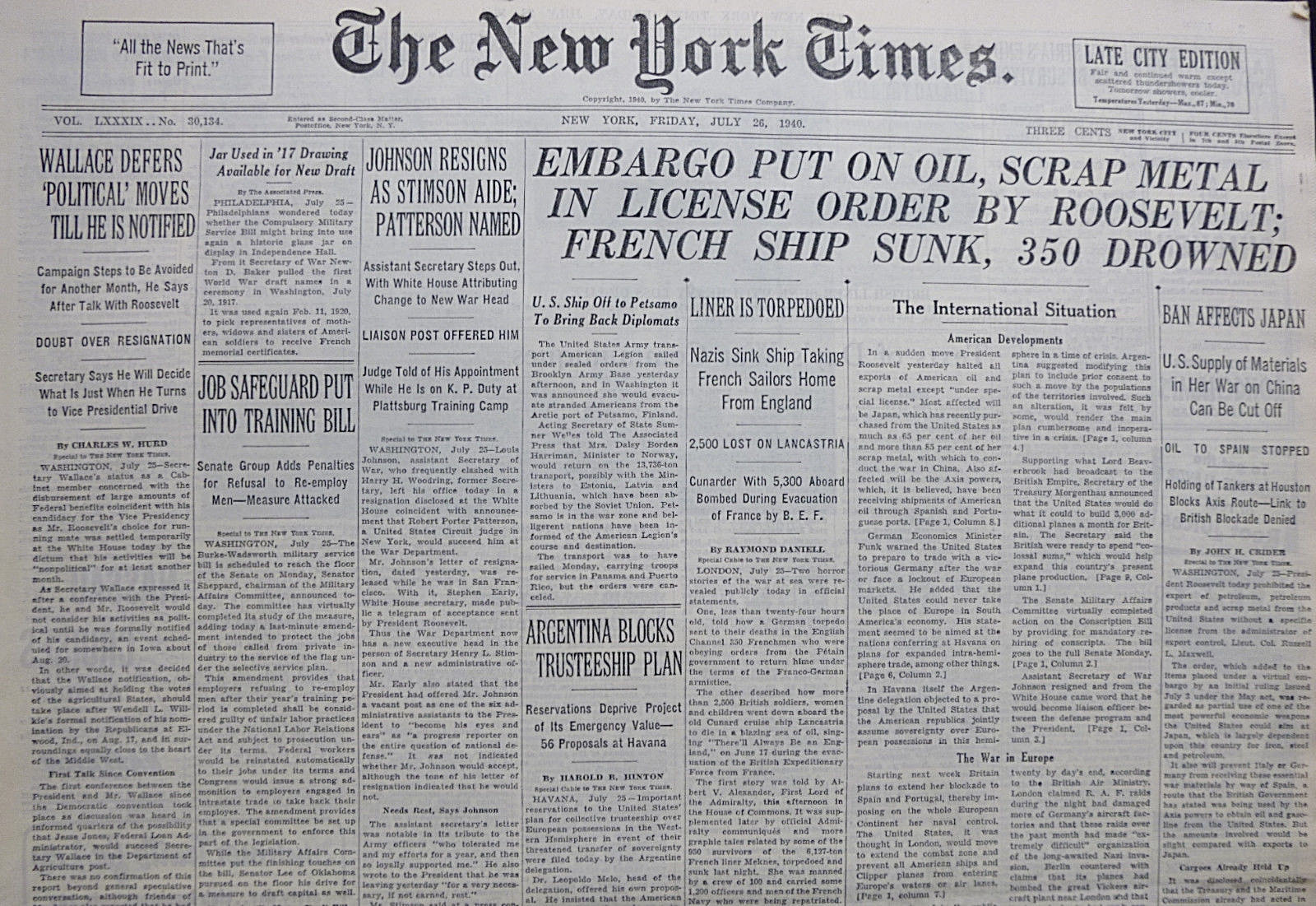 7-1940 WWII July 26 2,500 LOST ON LANCASTRIA 350 FRENCH SHIP - EMBARGO ...