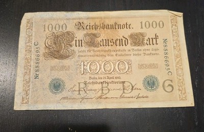 Authentic Historical BERLIN 1910 Germany 1000 Mark Banknote Currency ...