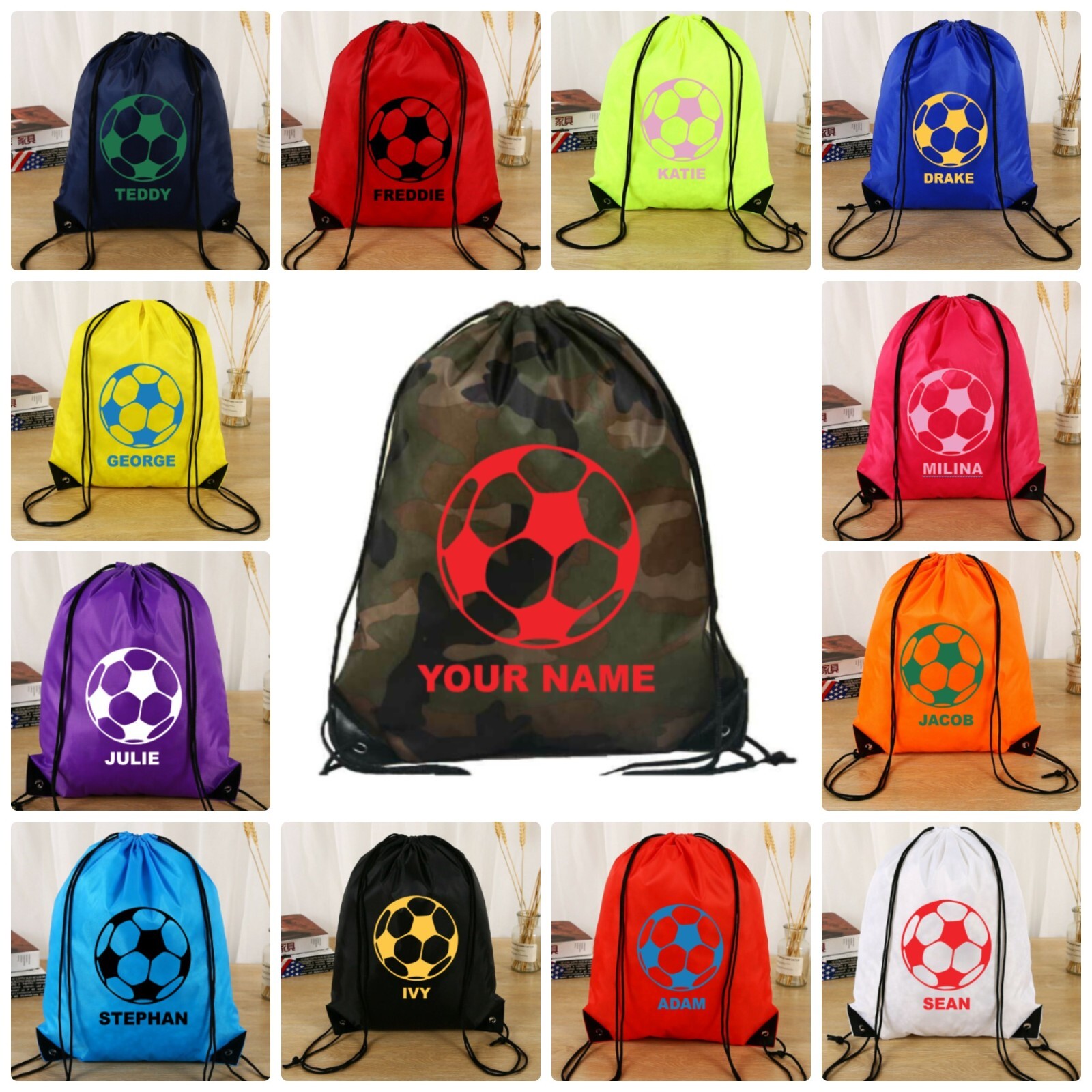 Personalised Name Drawstring Football Bag School PE Custom Dance Sport ...