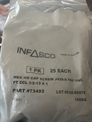25-Pk Infasco Hex Cap Screw Zinc Finish Grade 5 1/2"-13 x 1. J429-5 P/N ...