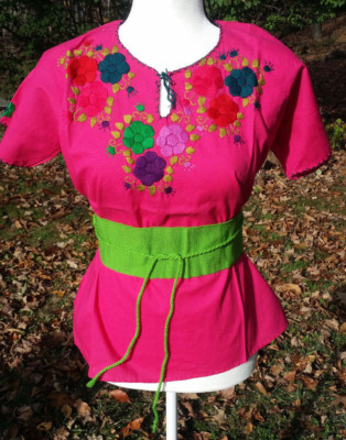 Maya Mexican Blouse w/Belt Faja Top Shirt Embroidered Flowers Chiapas L ...