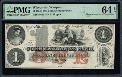 WI, Waupun - Corn Exchange Bank $1 Remainder 1850s-1860s PMG 64 EPQ | eBay