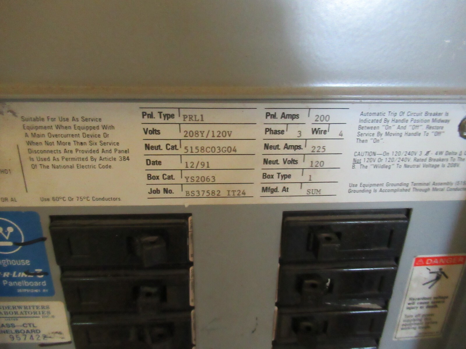 Westinghouse PRL1 Panelboard, CA3150 MB, 120/208V, 3PH 4W, Split Bus ...