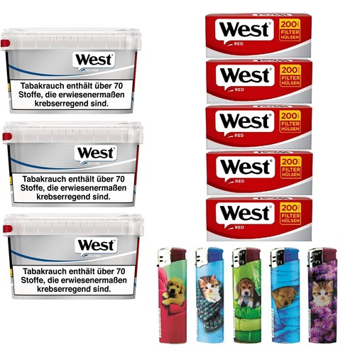3x West silver Tabak Mega Box 120g Volumentabak + 1000 Hülsen + 5 ...