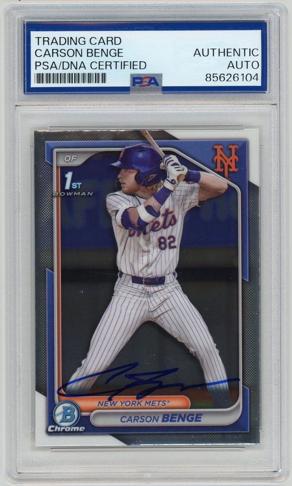 Carson Benge Signed 1st Bowman Chrome Auto Card New York Mets ...