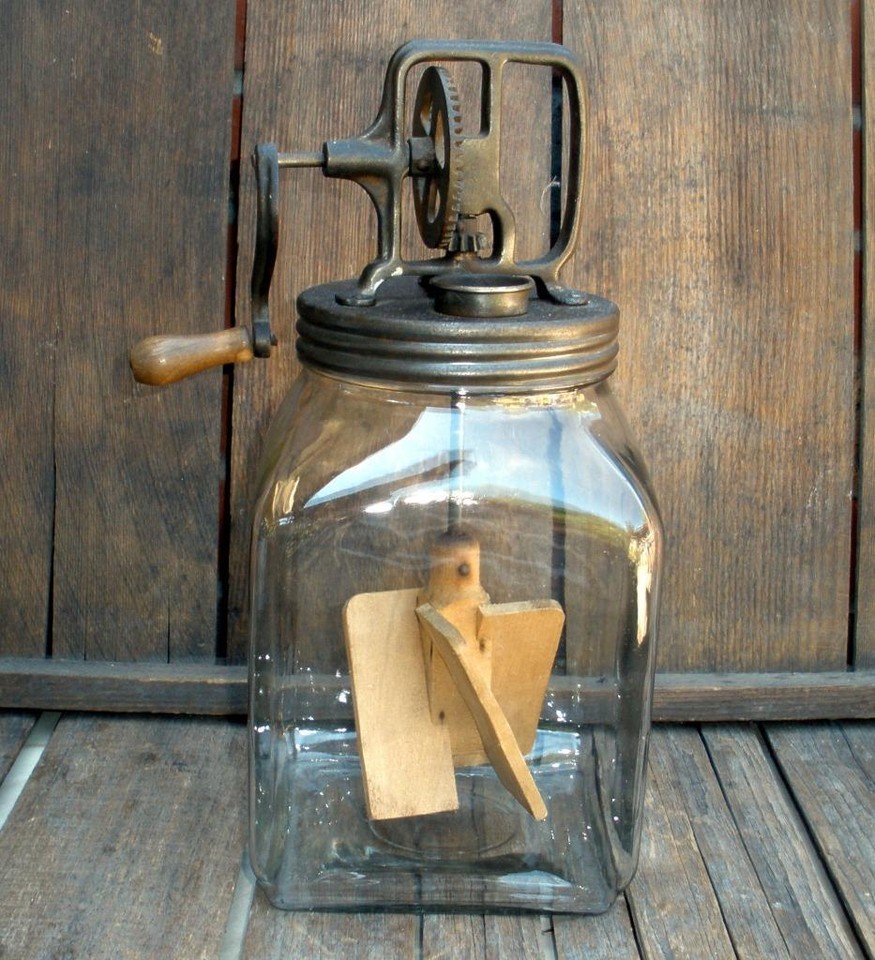 Antique 6 Quart Vintage Butter Churn Jar Glass Bottle Hand Crank Wood ...