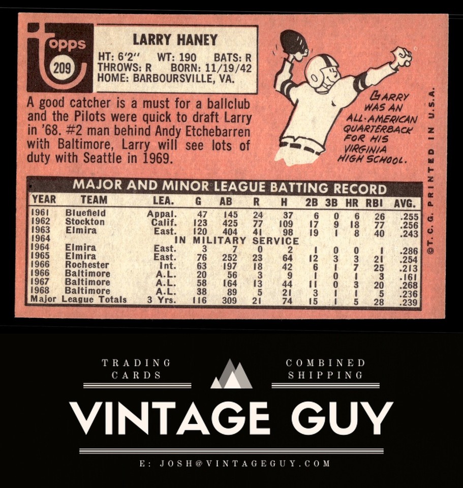 1969 Topps #209 Larry Haney Vintage Seattle Pilots Baseball Card | eBay