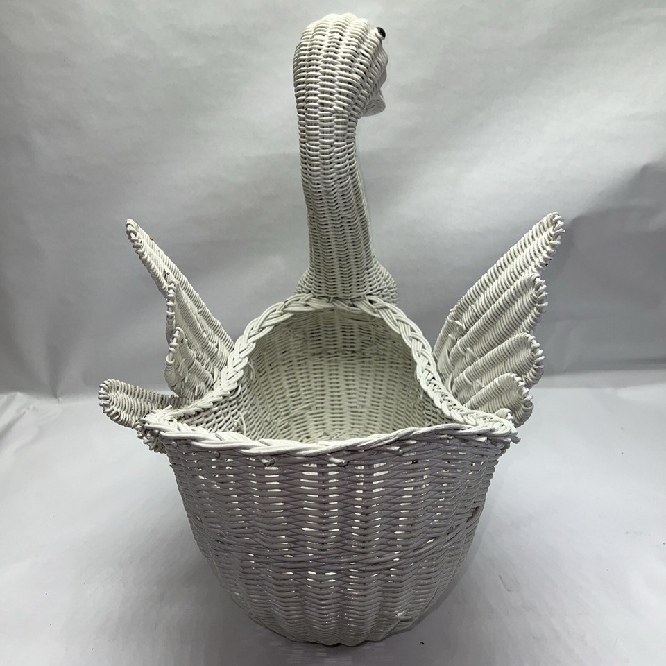 MCM White Wicker Rattan Swan Basket 20” T x 22” L x 12” W | eBay