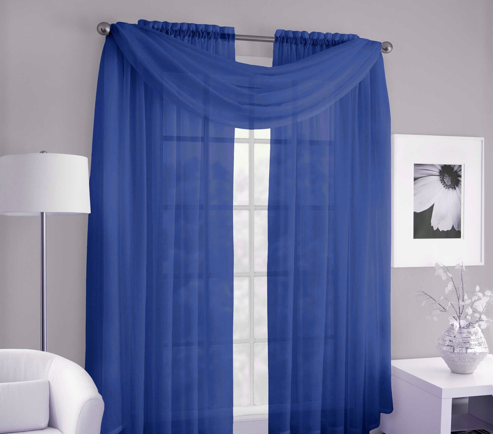 3 Pc Sheer Voile Window Curtain 2 Panel and 1 Scarf Party Decor Rod ...