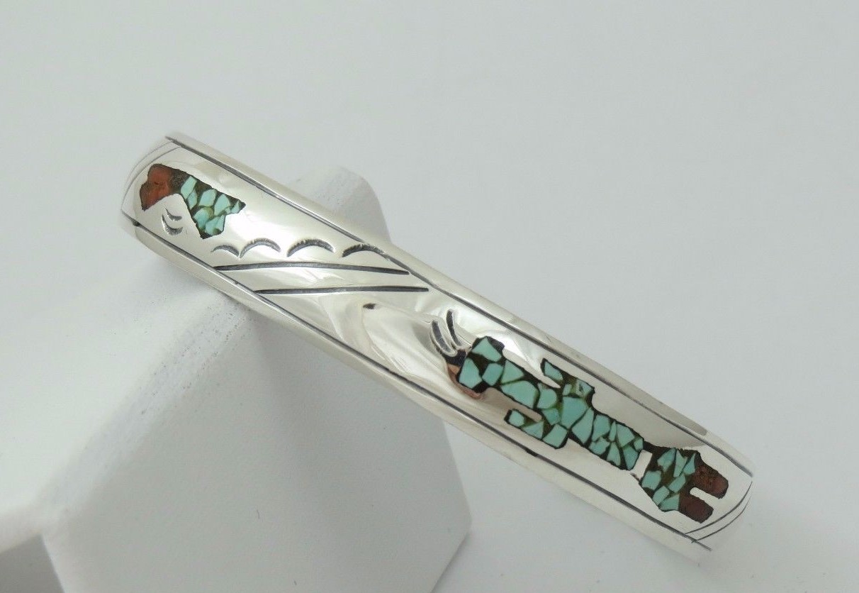 Nezzie Signed Sterling Turquoise & Coral Inlay Dancer Cuff Bracelet ...