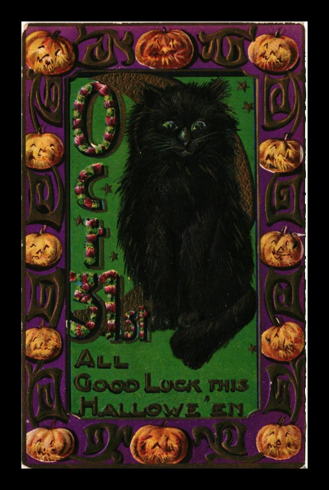 EMBOSSED POSTCARD HALLOWEEN OCT 31ST GOOD LUCK BLACK CAT PUMPKIN BORDER ...