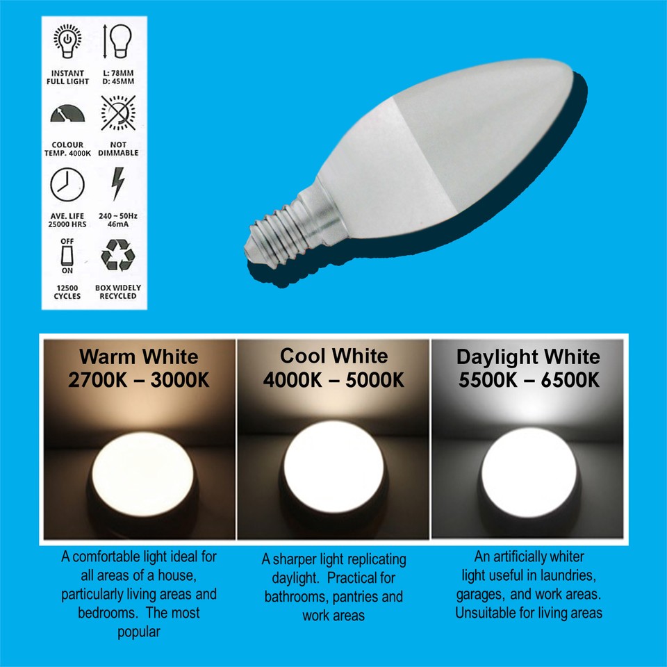 1x 6W (=40W) LED Pearl 4000K Cool White SES E14 Candle Light Bulb Lamp ...
