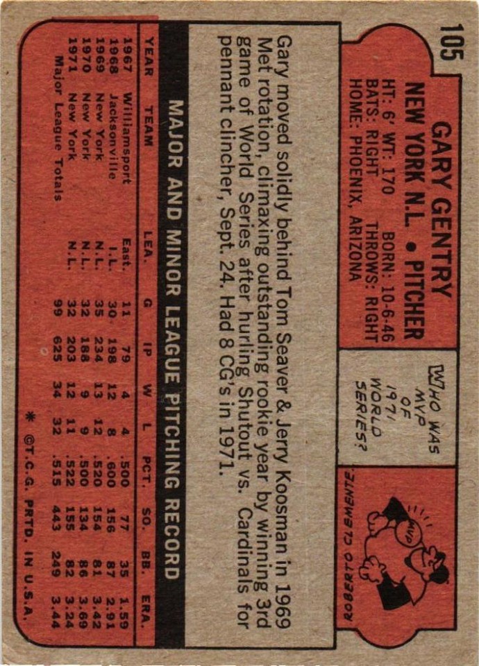 GARY GENTRY 1972 Topps #105 FREE SHIPPING B13R2S28P6 | eBay