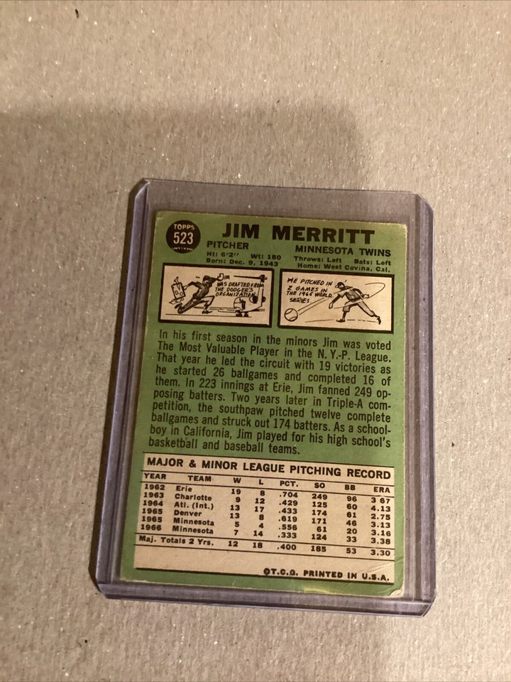 1967 Topps Jim Merritt Vintage Minnesota Twins Baseball Card #523 | eBay