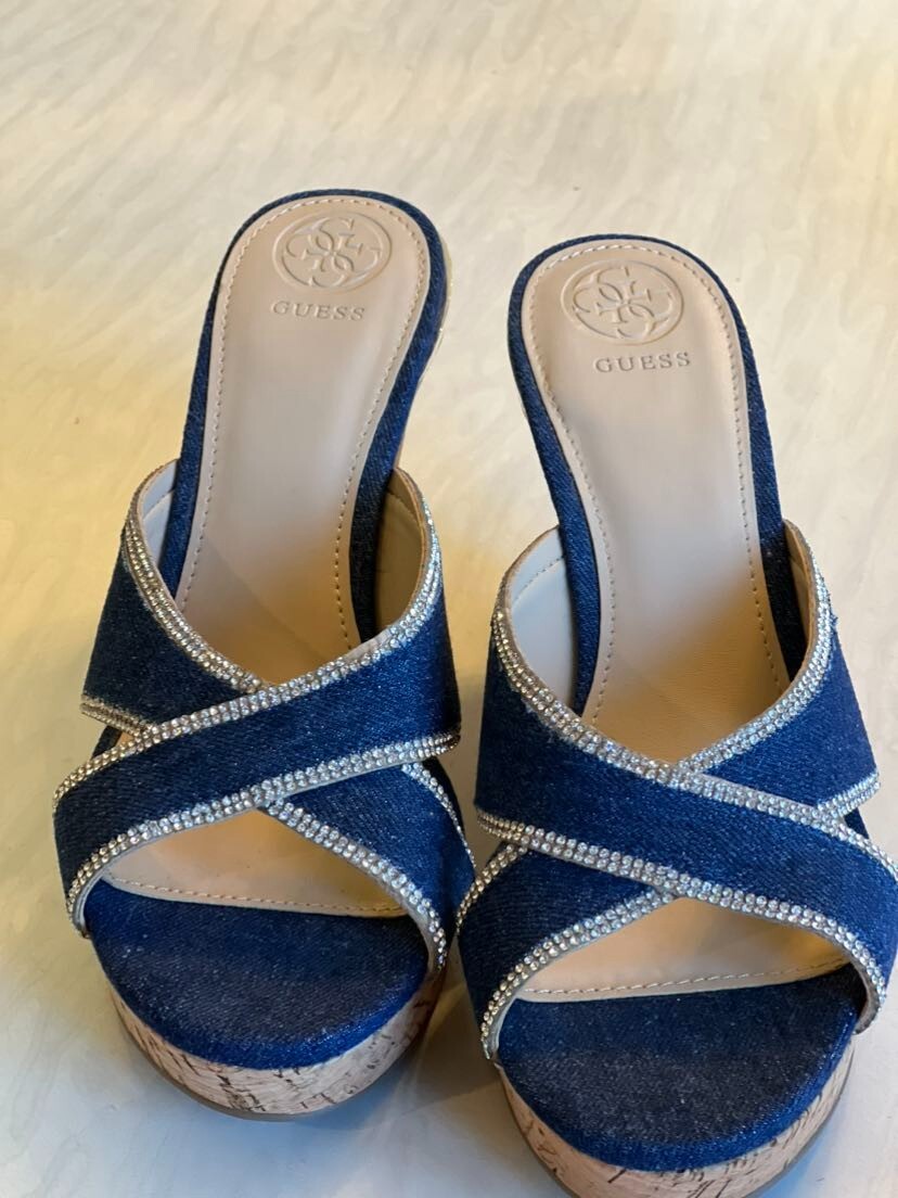 GUESS Womens Sandals Logo Rhinestone Wedges Denim Blue Platform | eBay