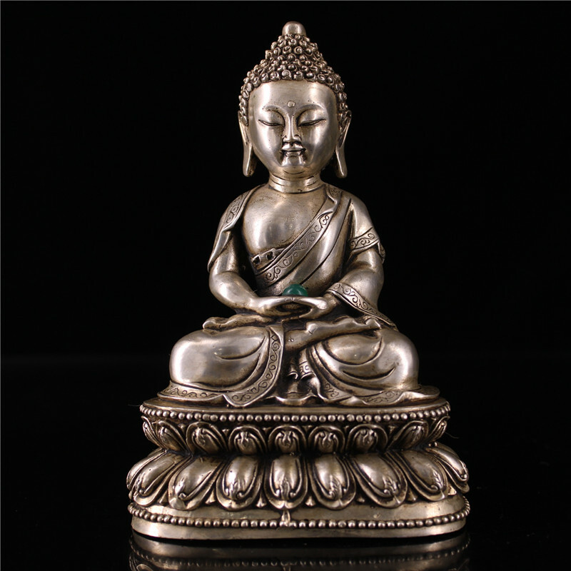 6.30" Tibetan Buddhism copper silvering inlay green gem Amitabha statue ...
