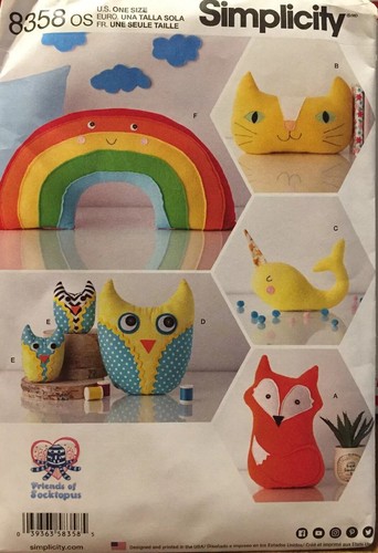 Simplicity Pattern 8358 STUFFED ANIMALS Fox Owl Kitty Cat Narwhal Whale ...