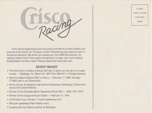 1986 Buddy Baker Crisco Oldsmobile NASCAR Winston Cup postcard | eBay