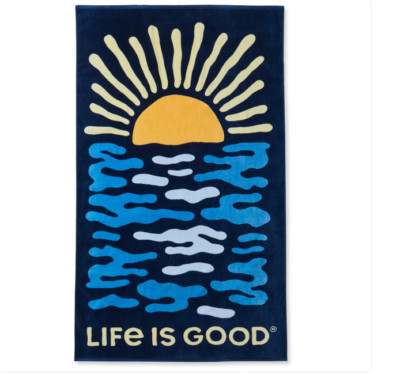 Life is Good Sun Over The Water Beach Towel 38 in x 65 in Blue Yellow ...