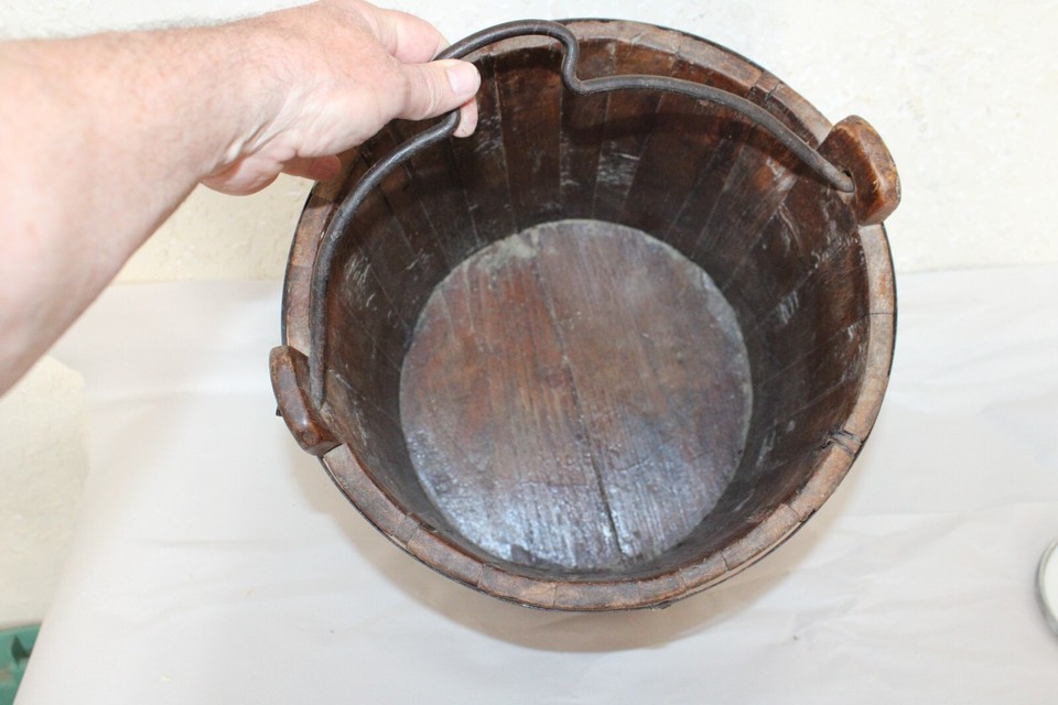 Antique Primitive Wooden Stave Well Water Bucket Metal Bands WOOD ...