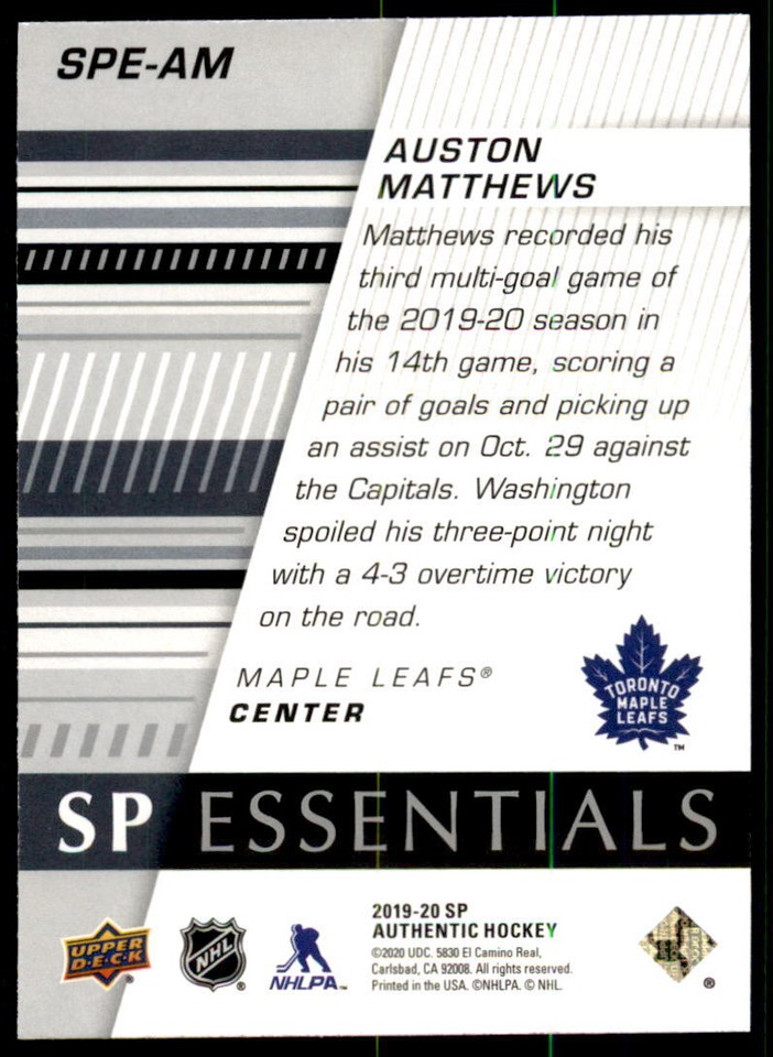 2019-20 SP Authentic #SPE-AM Auston Matthews SP Essentials | eBay