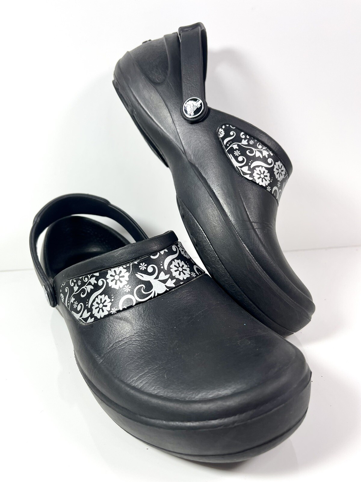 Crocs Mercy Graphic Floral Clog 10876 Women 7 Black Work Nursing Bistro ...