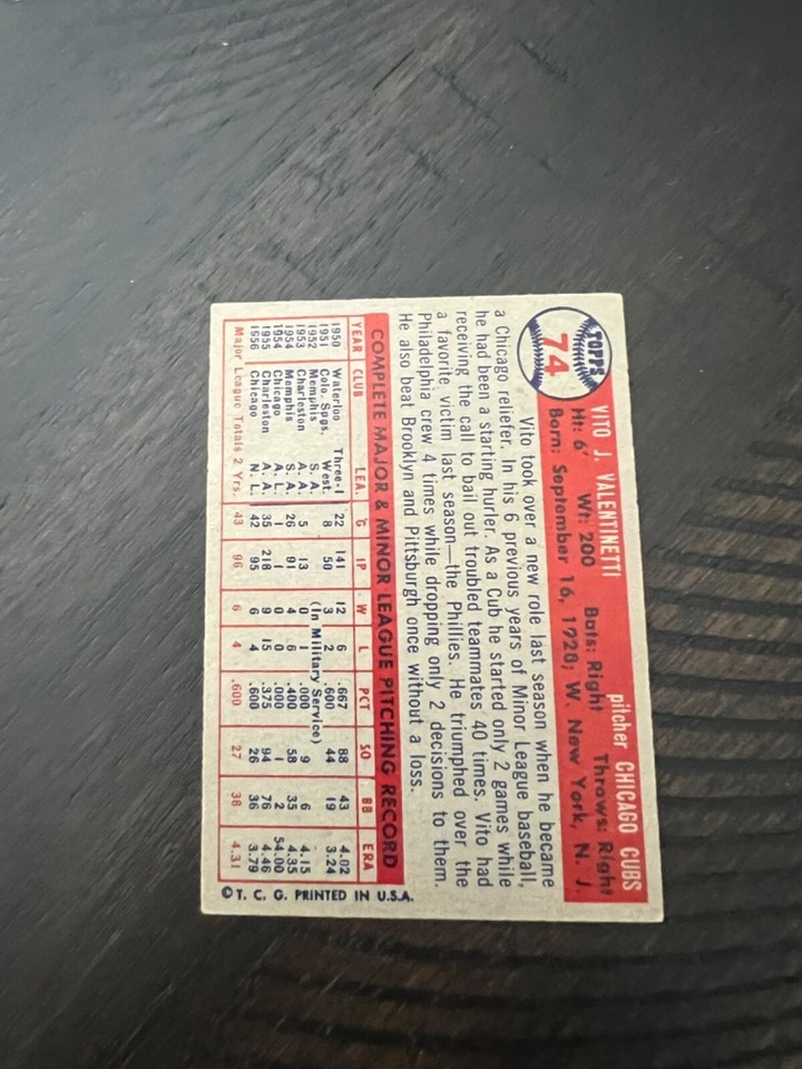 1957 TOPPS BASEBALL CARD #74 VITO VALENTINETTI EXMT!!!!!!!!! | eBay
